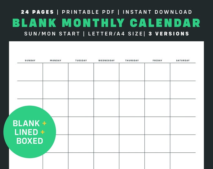 Blank Monthly Calendar Printable Landscape, Minimalist Calendar ...