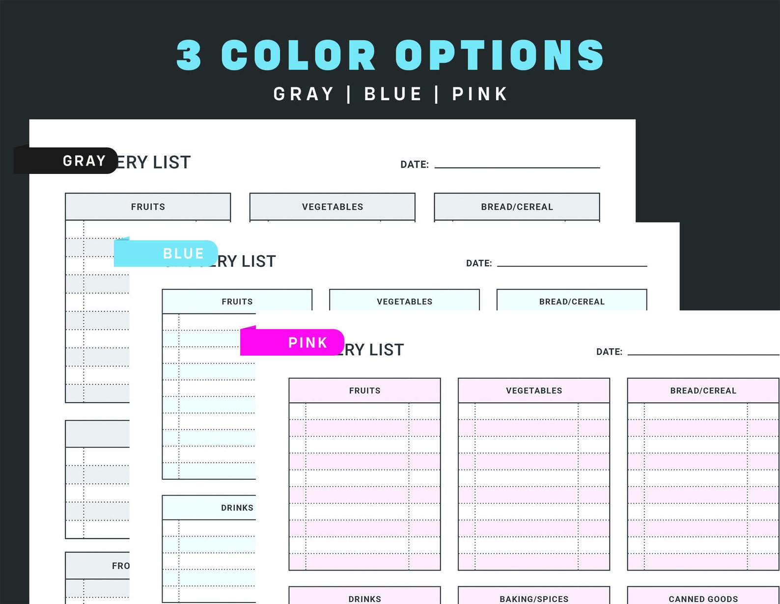 Grocery List, Printable Grocery List With 3 Color Options, Grocery ...