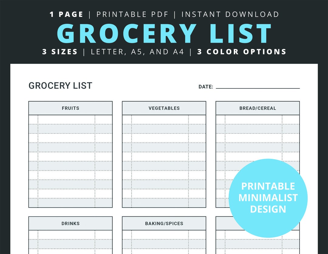 Grocery List Printable Grocery List with 3 Color Options - Etsy México