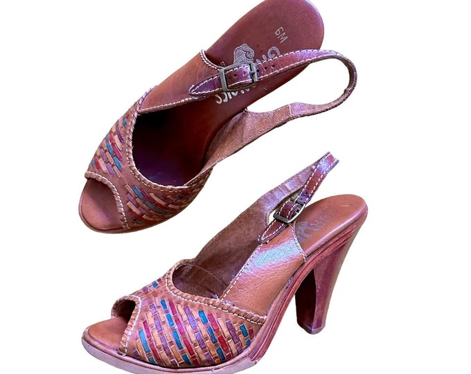 60s 70s Vintage Woven Leather Open Toe Wood Heel Sandals - Brown Red ...