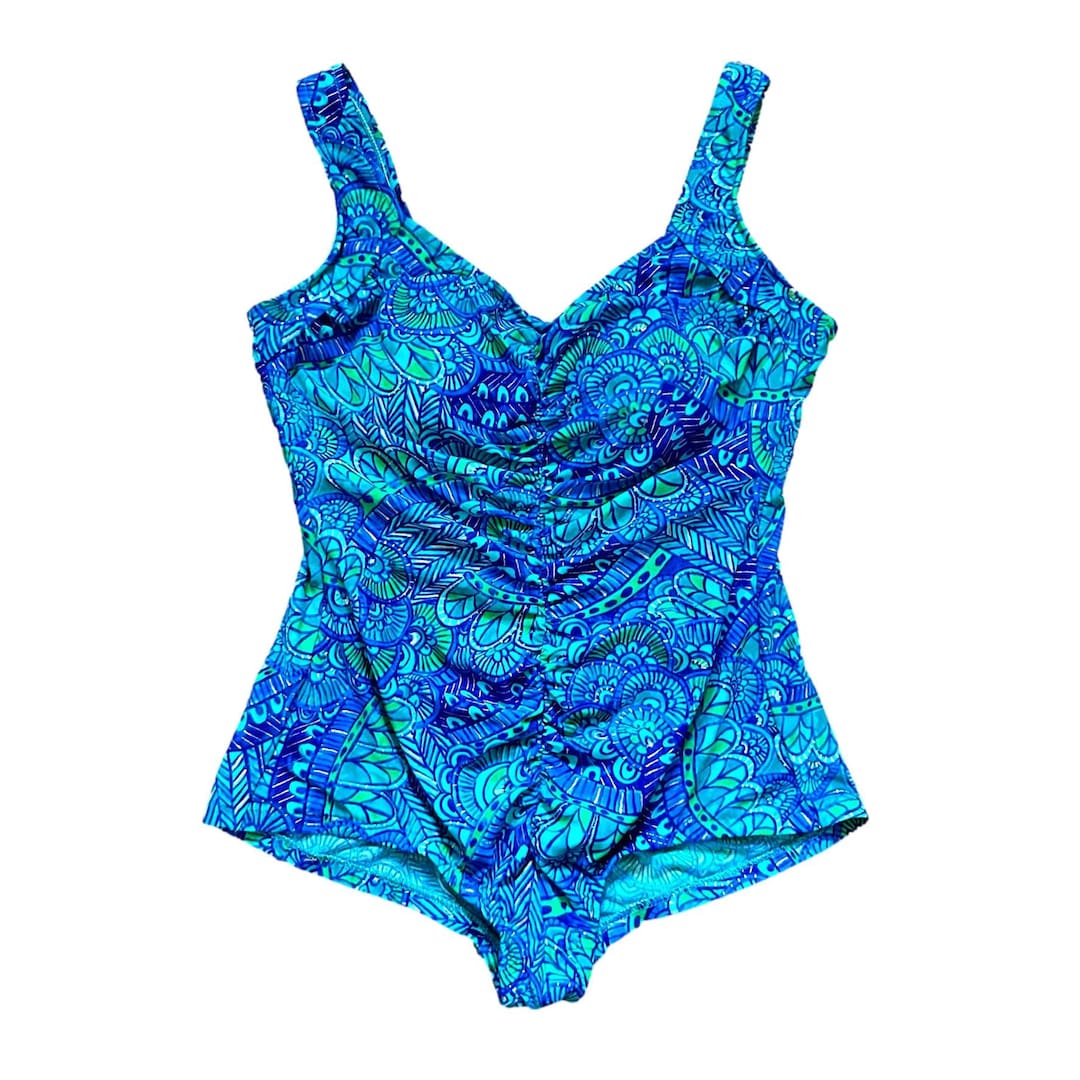 Y2k Vintage Paisley Print Ruched One Piece Swimsuit - Blue Green Gold ...