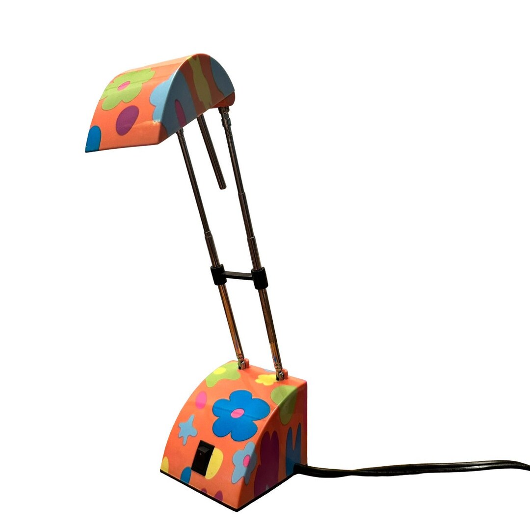 Y2k Vintage Colorful Floral Print Table Lamp Orange Multicolor Metal ...