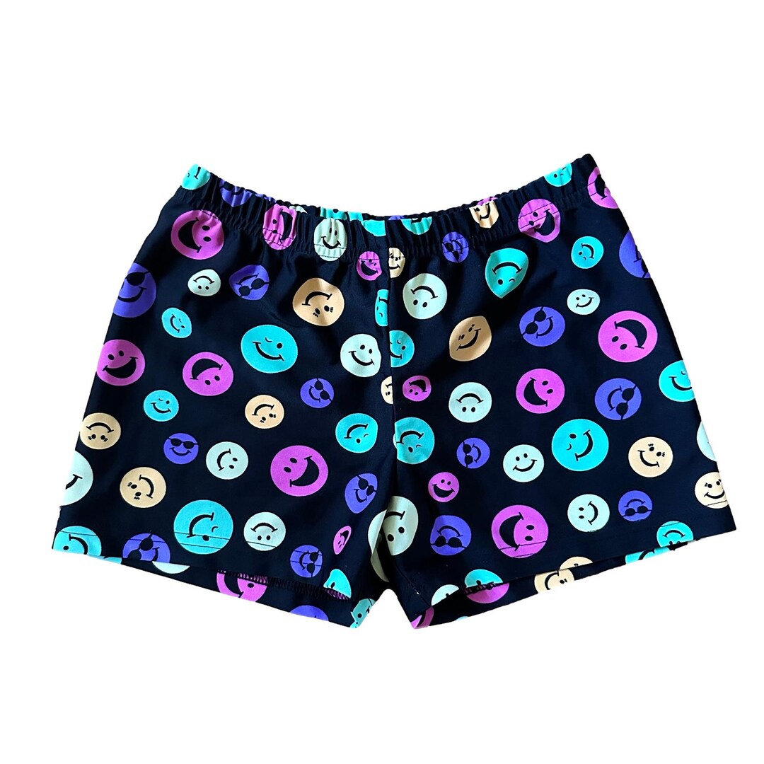 90s Y2k Vintage Neon Smiley Face Shorts - Elastic Waist - Black ...