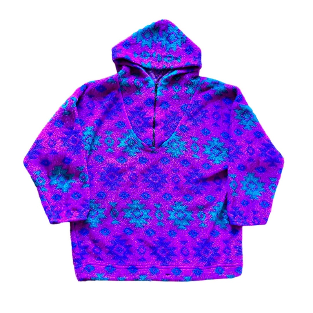 80s 90s Vintage Neon Fuzzy Hooded Jacket - Fuchsia Purple Green ...