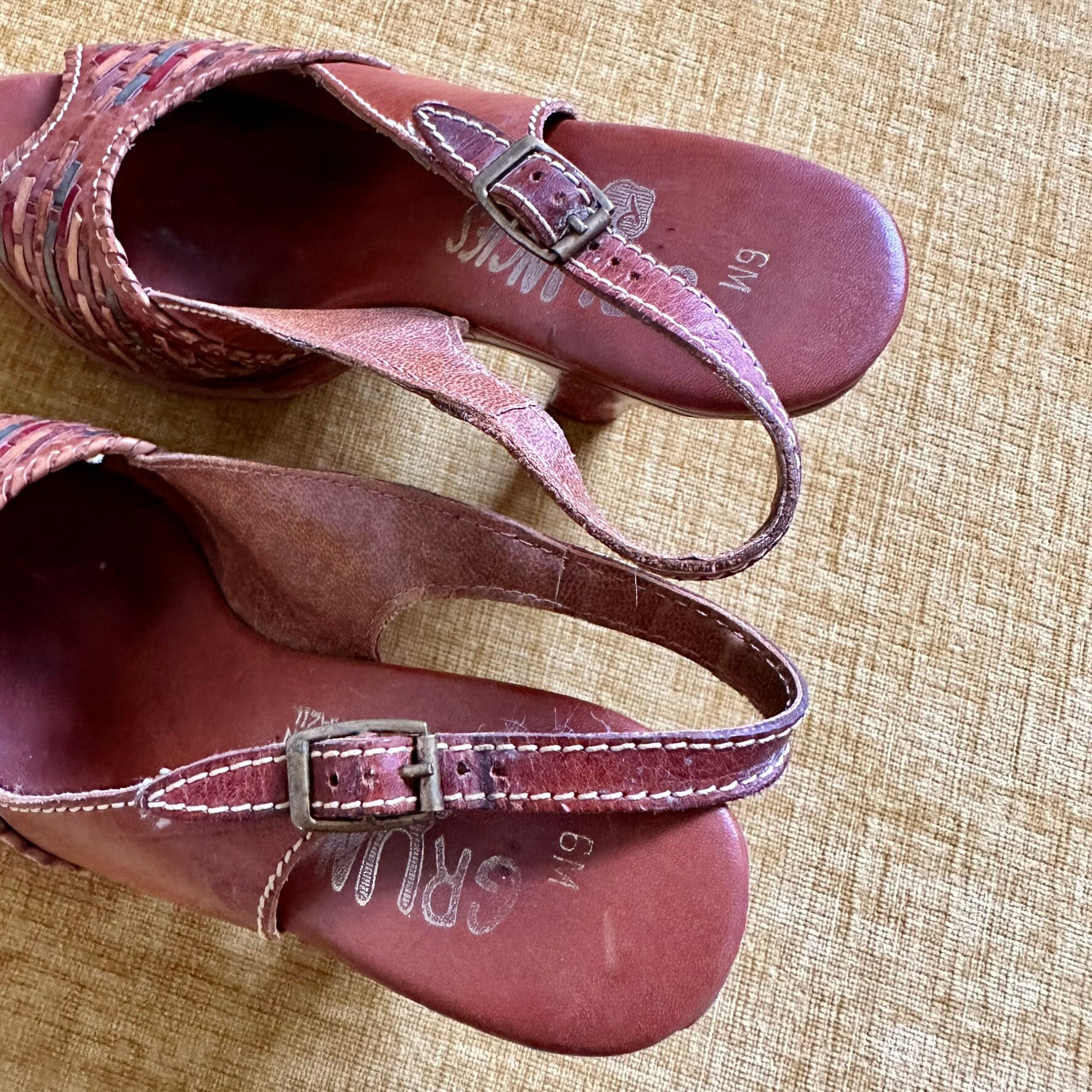 60s 70s Vintage Woven Leather Open Toe Wood Heel Sandals Brown Red ...
