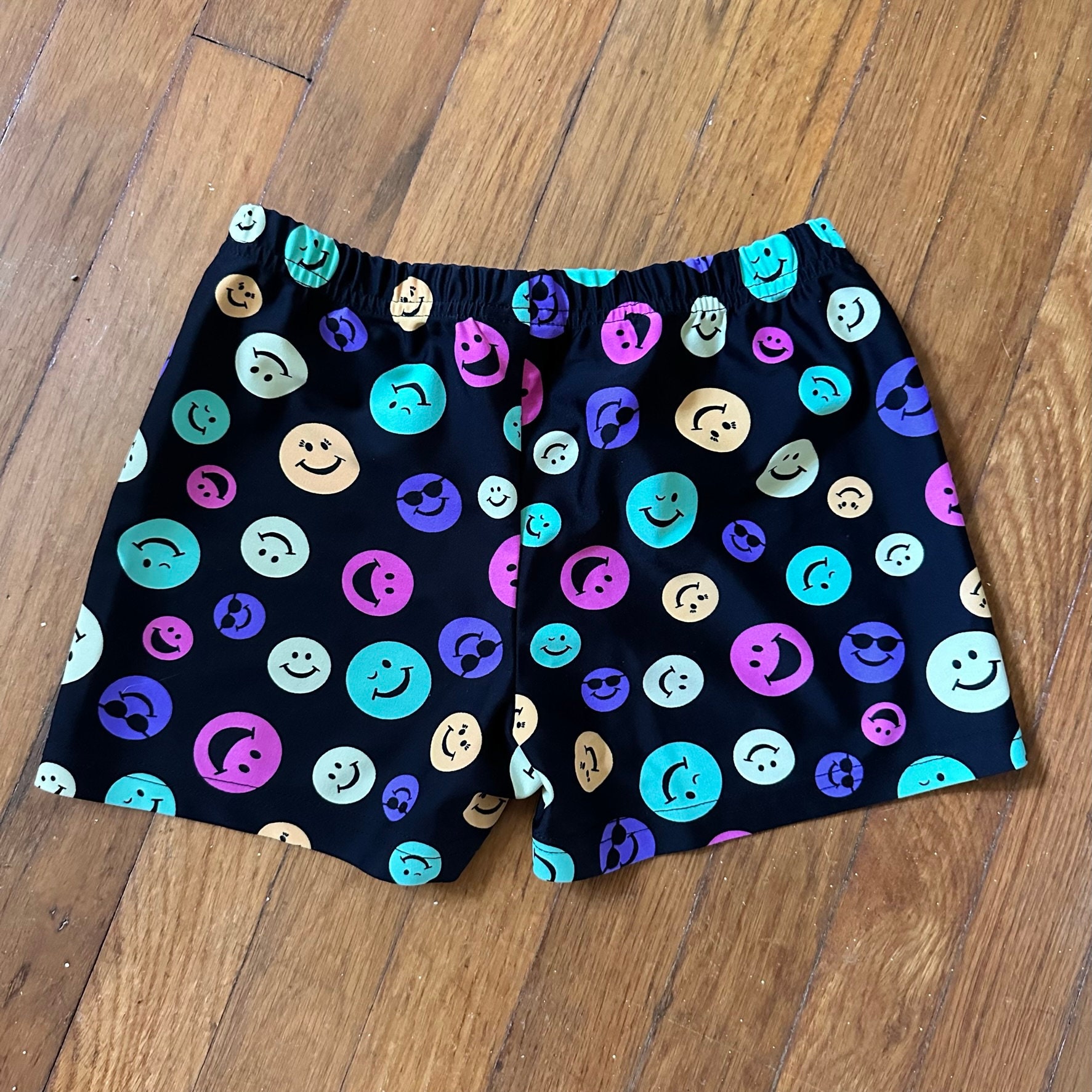 90s Y2k Vintage Neon Smiley Face Shorts - Elastic Waist - Black ...