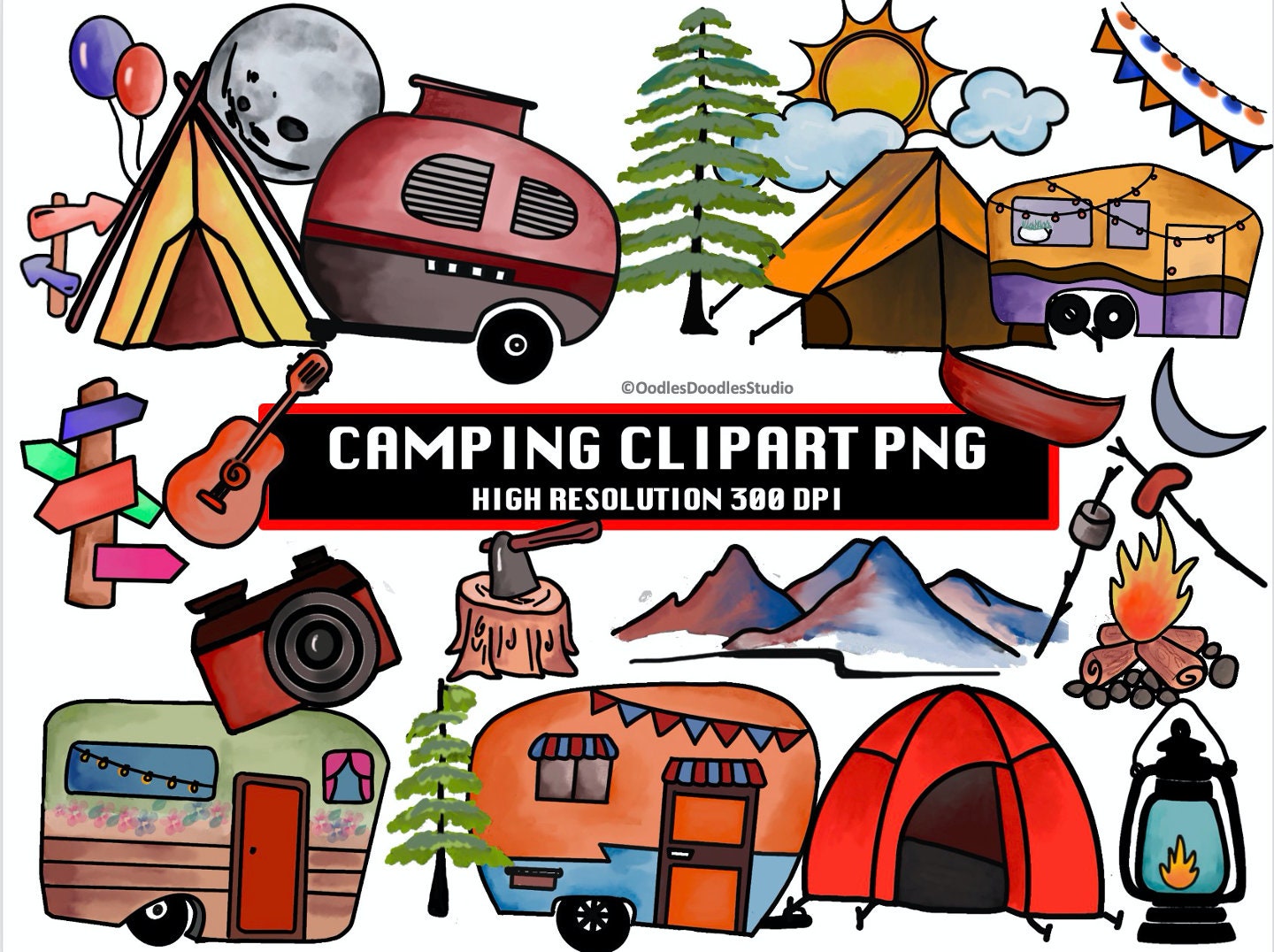 Hand Drawn Watercolor Camping Clip Art, Camping PNG Bundle, Adventure ...