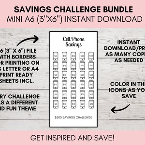 Savings Challenge Printable, A6 Savings Challenge Bundle, A6 Sized Mini ...