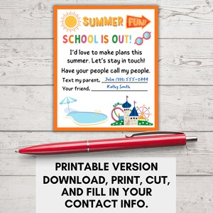Playdate Cards Printable, Editable Summer Contact Card, End of School ...