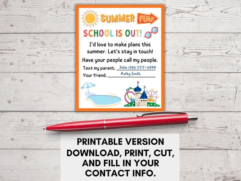 Playdate Cards Printable, Editable Summer Contact Card, End of School ...