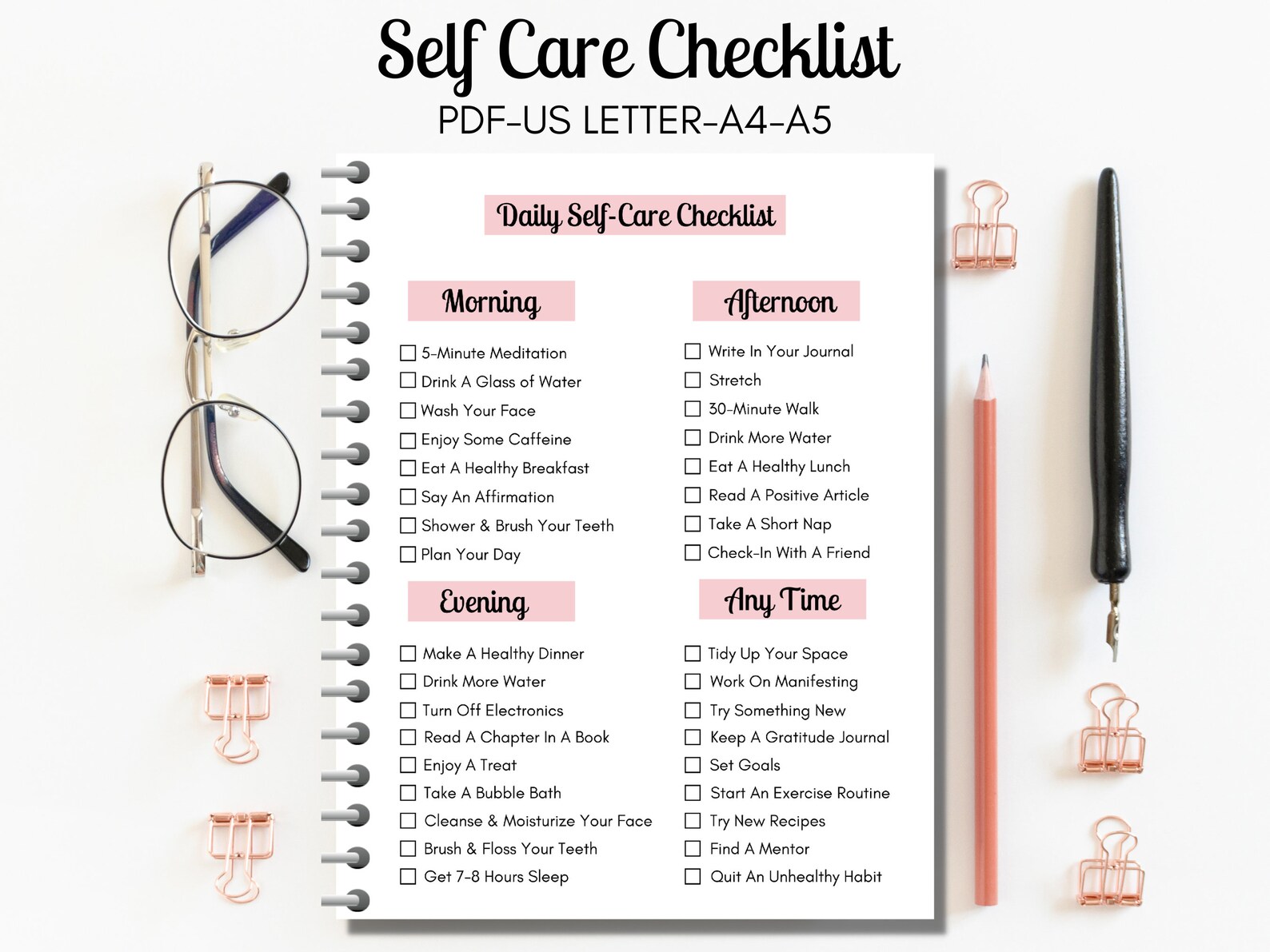 Daily Self Care Checklist, Day at A Glance, 1 Page Wellbeing Planner ...