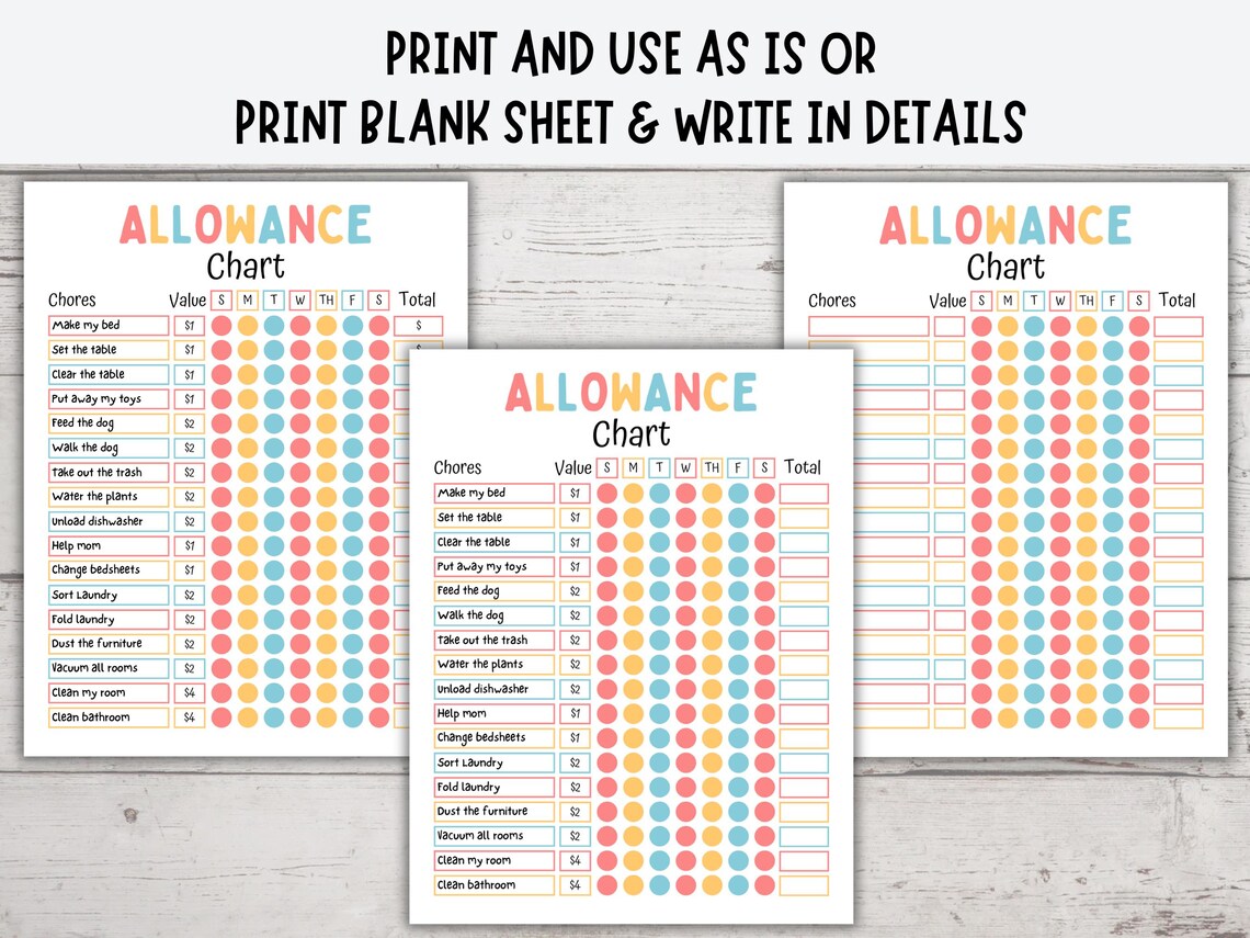 Allowance Chart for Kids, Reward Bucks Printable, Reward Chart ...