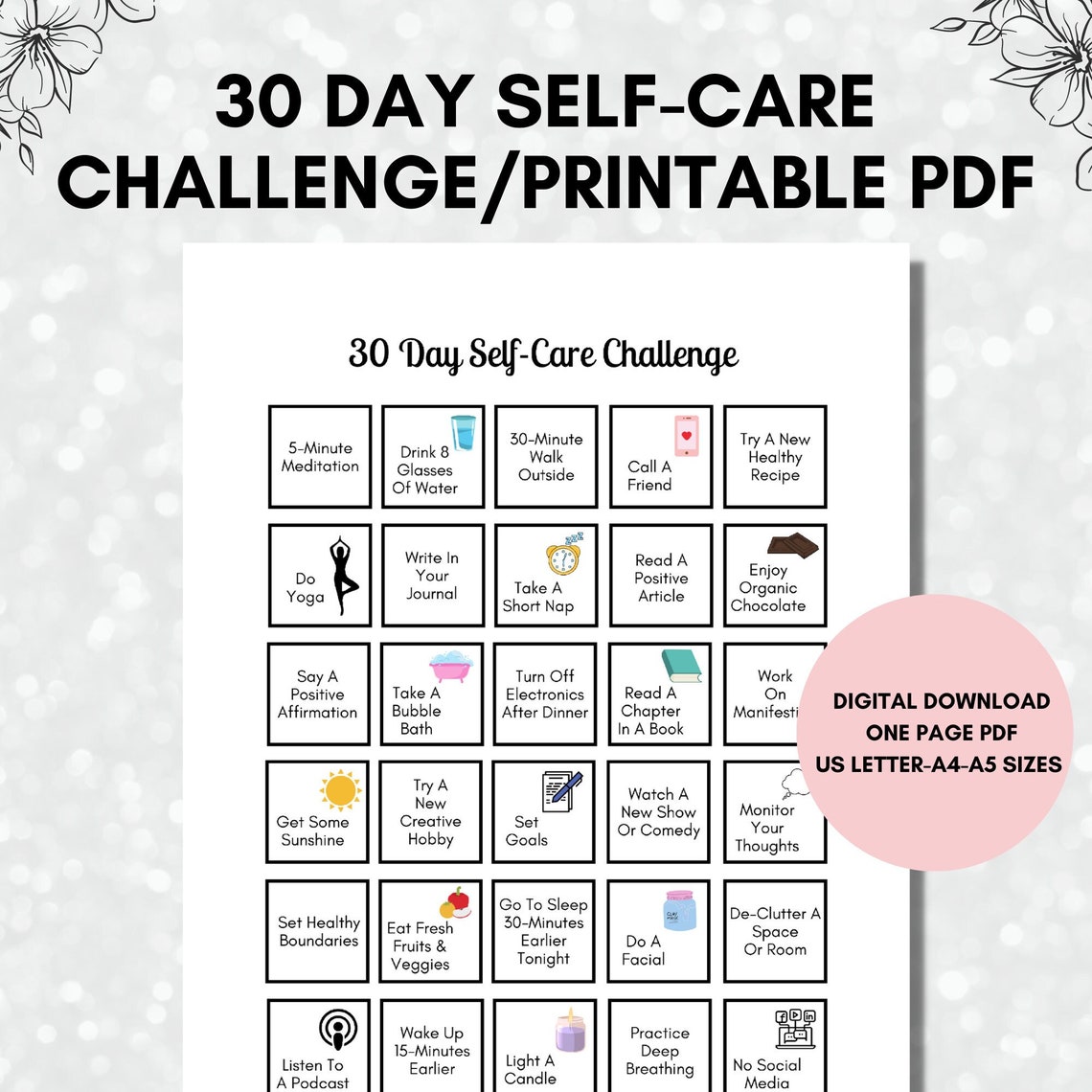 30 Day Self-care Challenge Printable PDF Self Care Challenge - Etsy