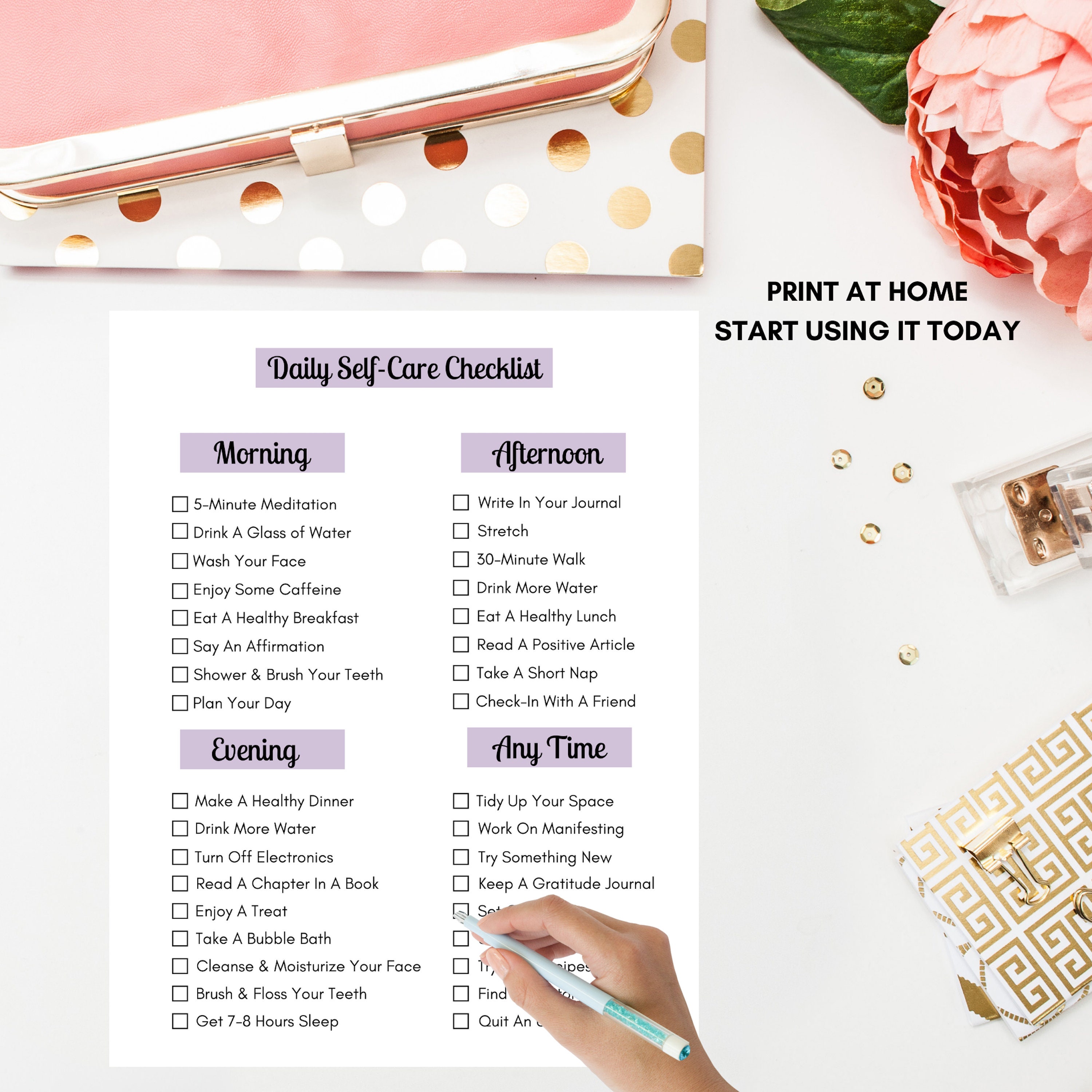 Daily Self Care Checklist, Day at A Glance, 1 Page Wellbeing Planner ...