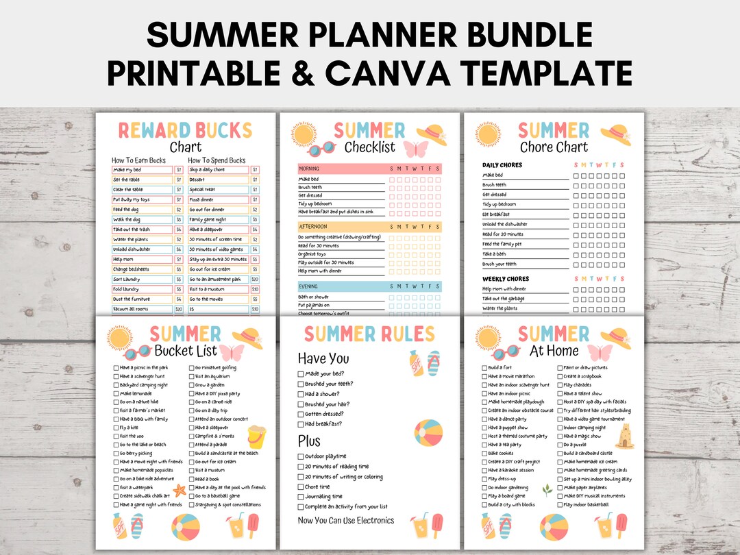 Summer Planner Bundle for Kids, Printable Editable Canva Templates ...