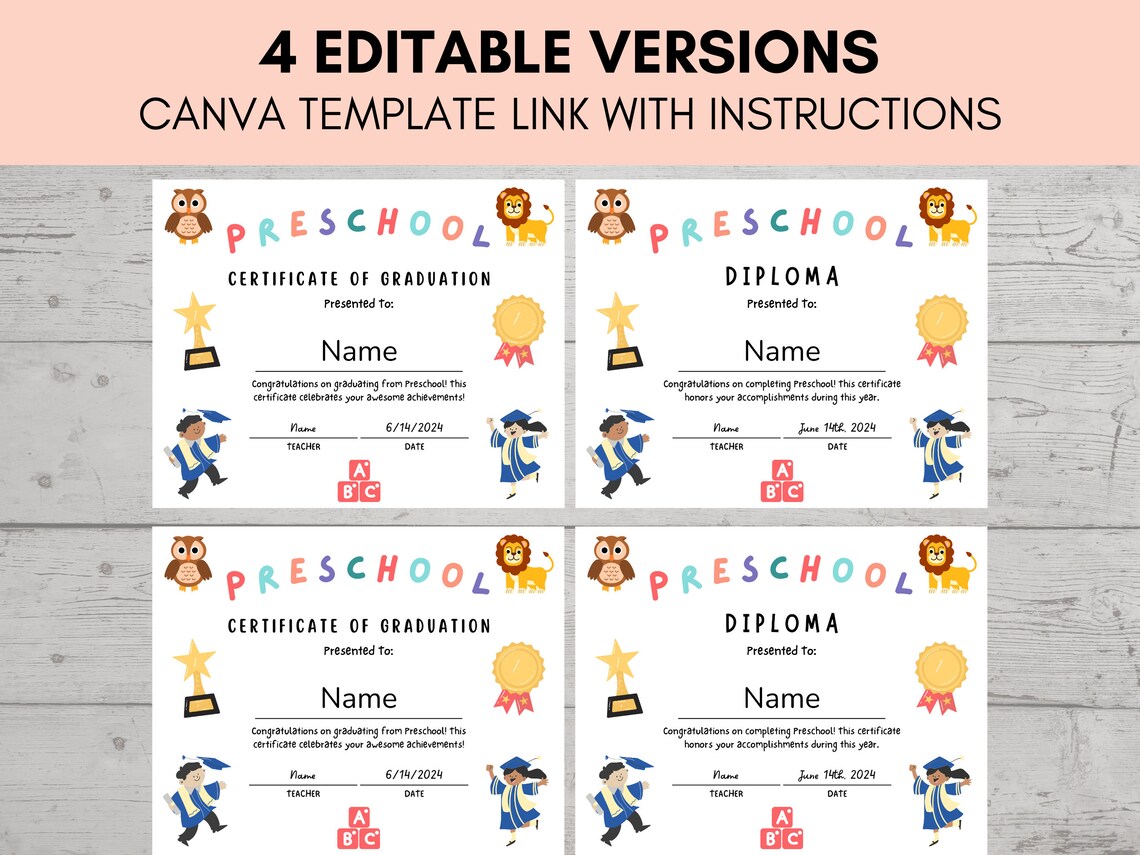 Editable Preschool Certificate, Printable Preschool Diploma, Preschool ...