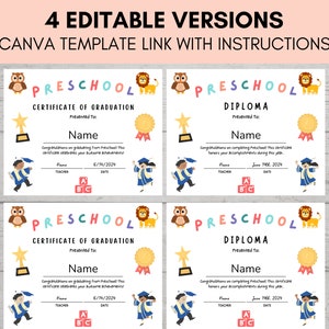 Editable Preschool Certificate, Printable Preschool Diploma, Preschool ...