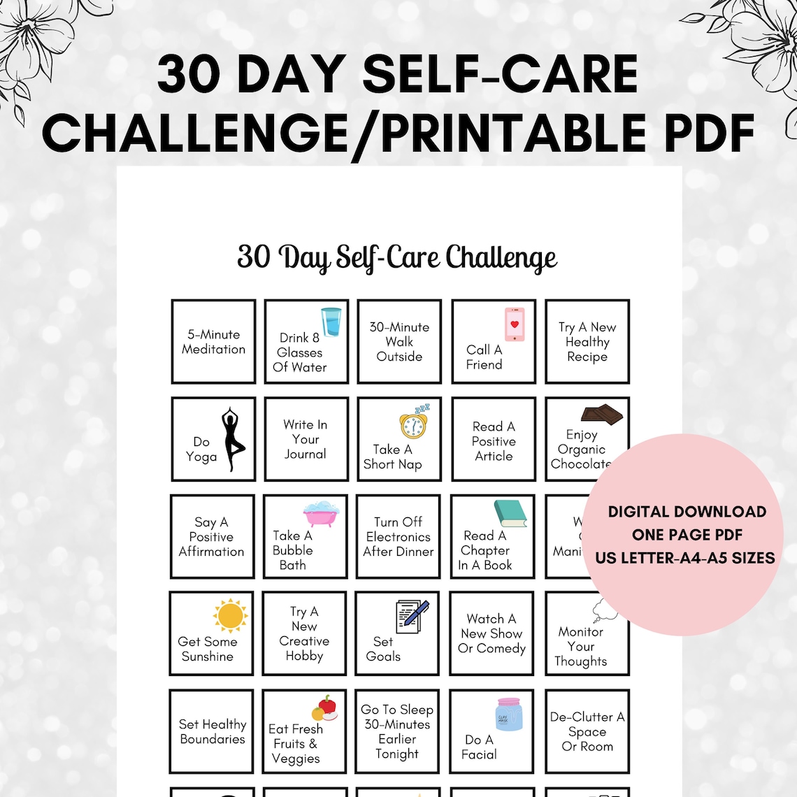 30 Day Self-care Challenge Printable PDF Self Care Challenge - Etsy