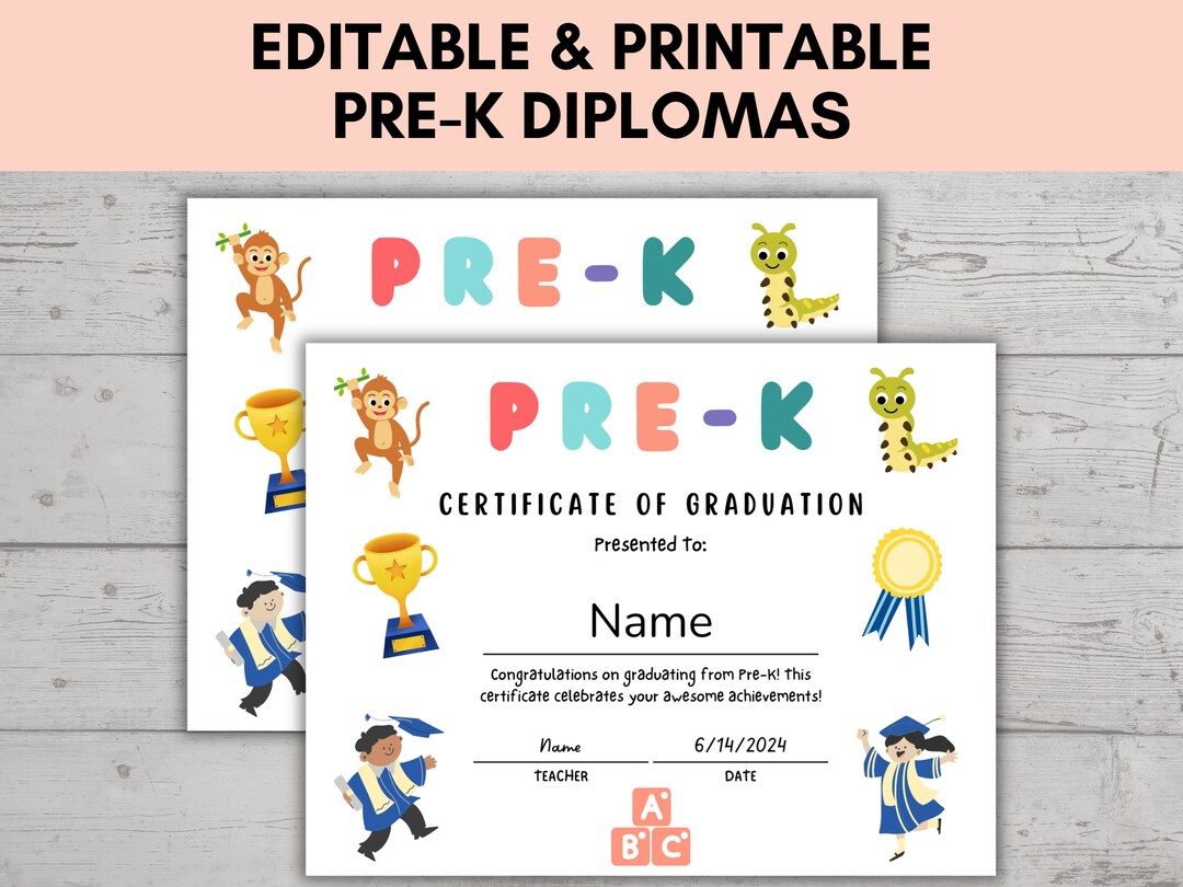 Editable Pre-k Graduation Certificate, Printable Pre-k Diploma ...