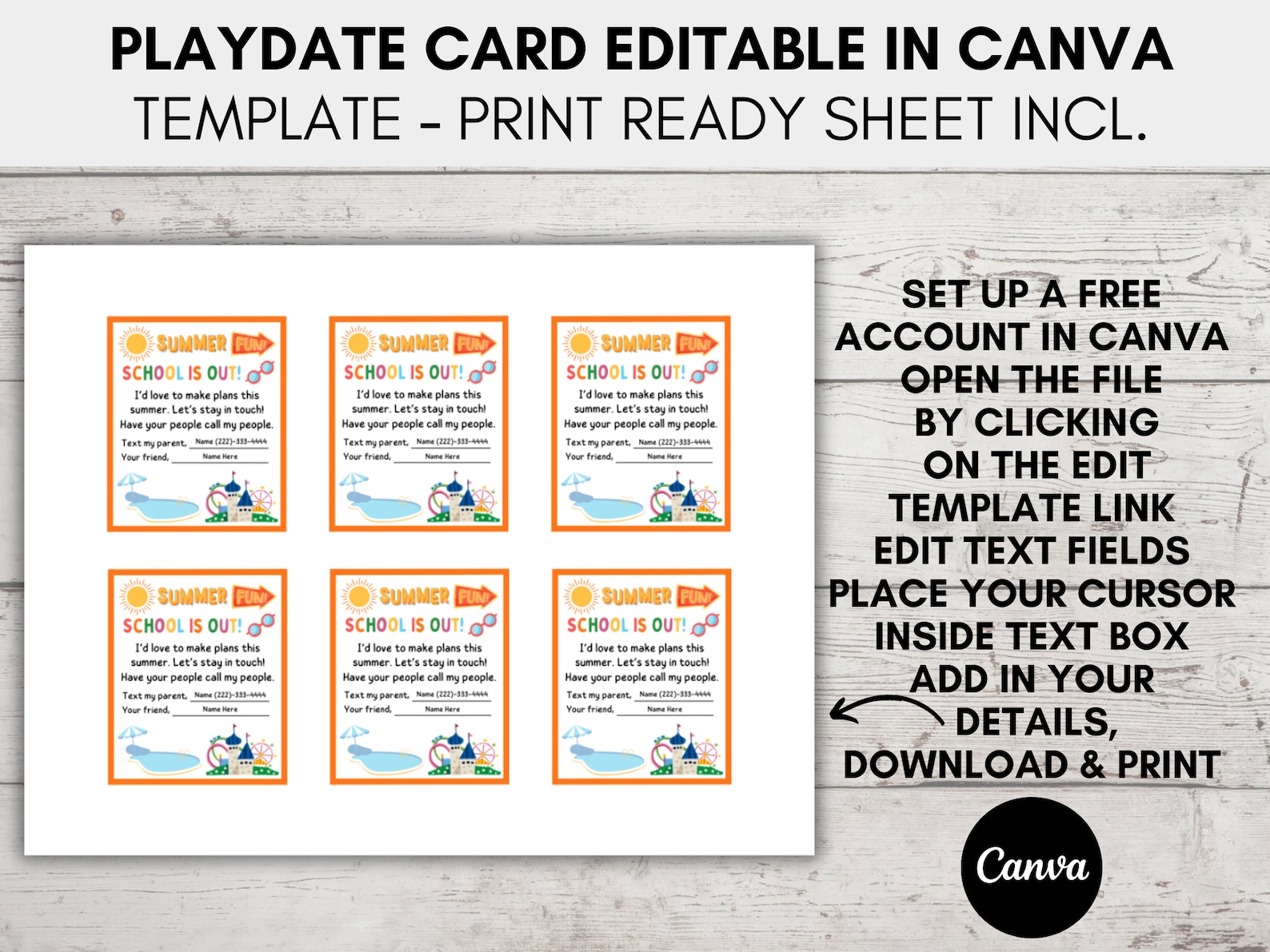Playdate Cards Printable, Editable Summer Contact Card, End of School ...
