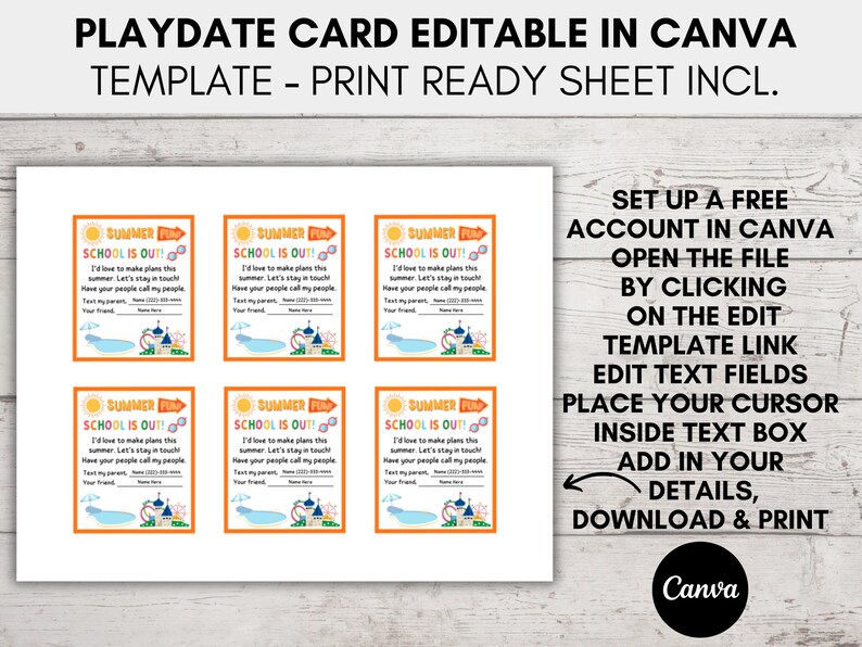 Playdate Cards Printable, Editable Summer Contact Card, End of School ...