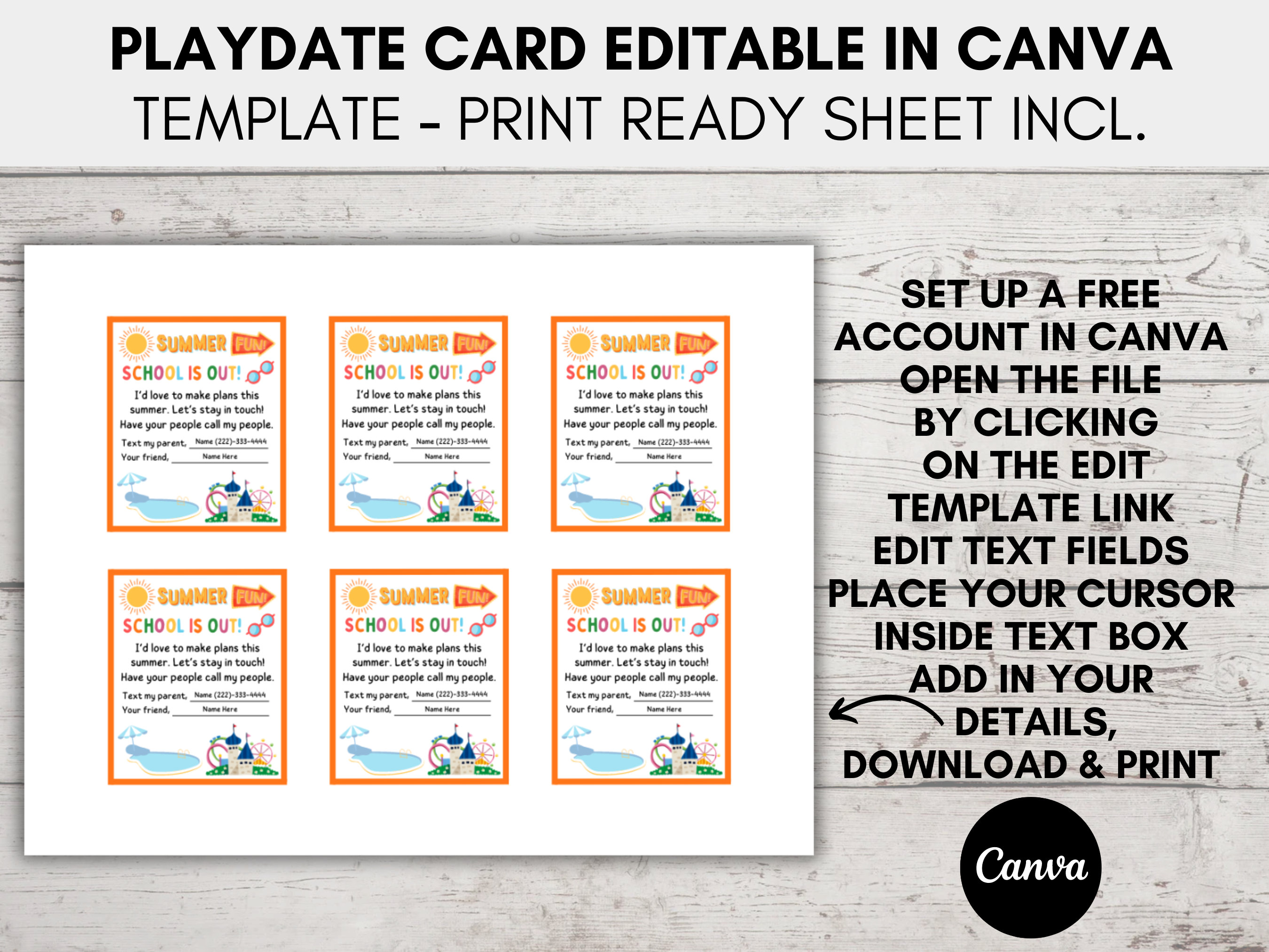 Playdate Cards Printable, Editable Summer Contact Card, End of School ...