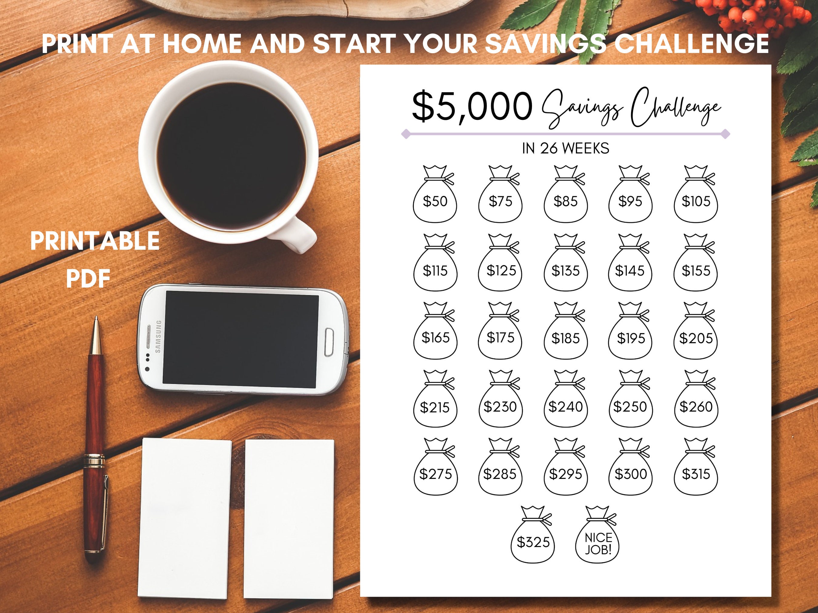 5,000 Money Saving Challenge, 5000 Savings Tracker, Money Saving ...
