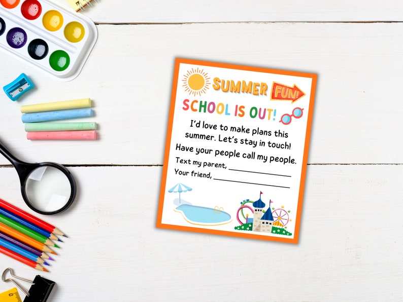 Playdate Cards Printable, Editable Summer Contact Card, End of School ...