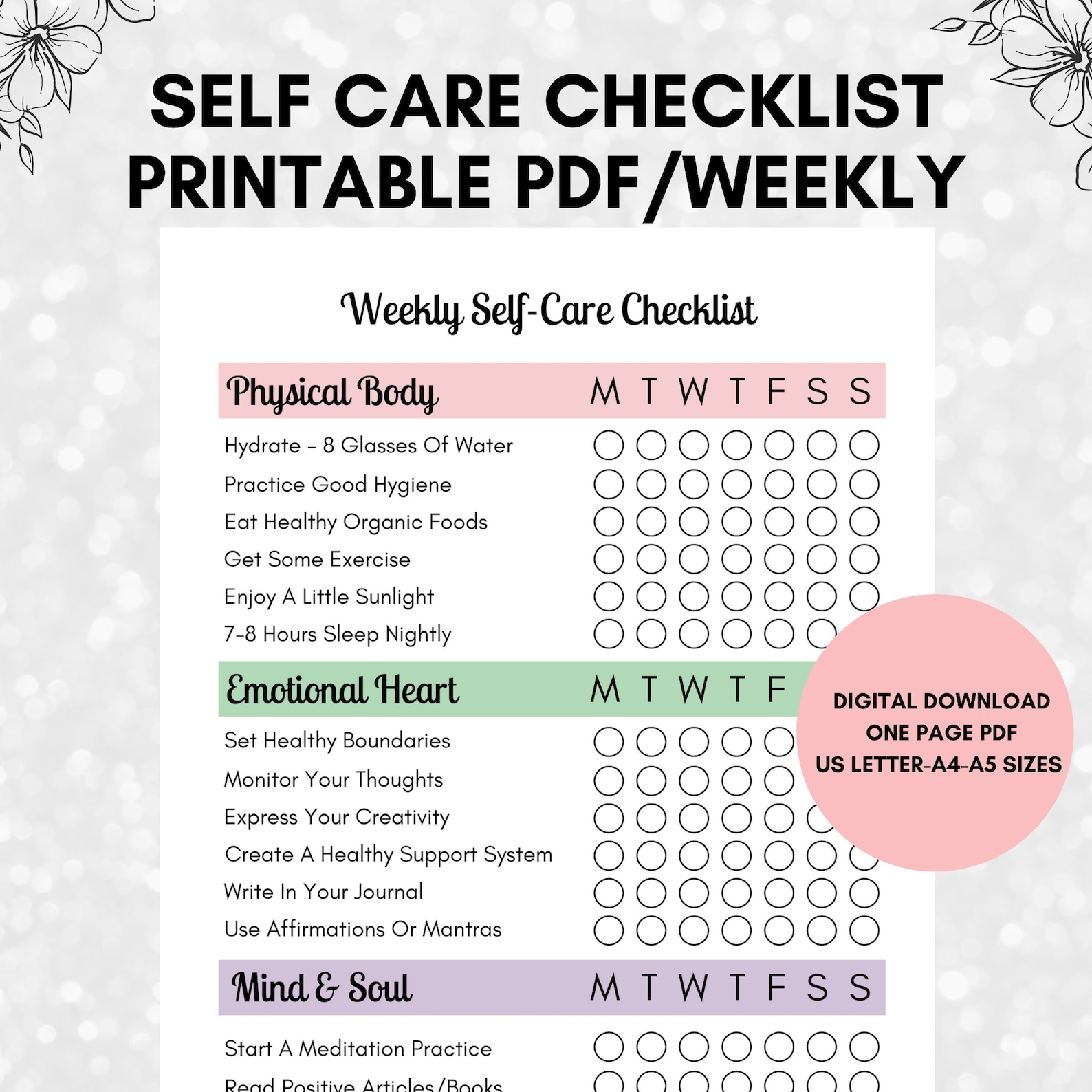 Self Care Checklist Printable PDF Weekly Self Care Routine | Etsy Canada