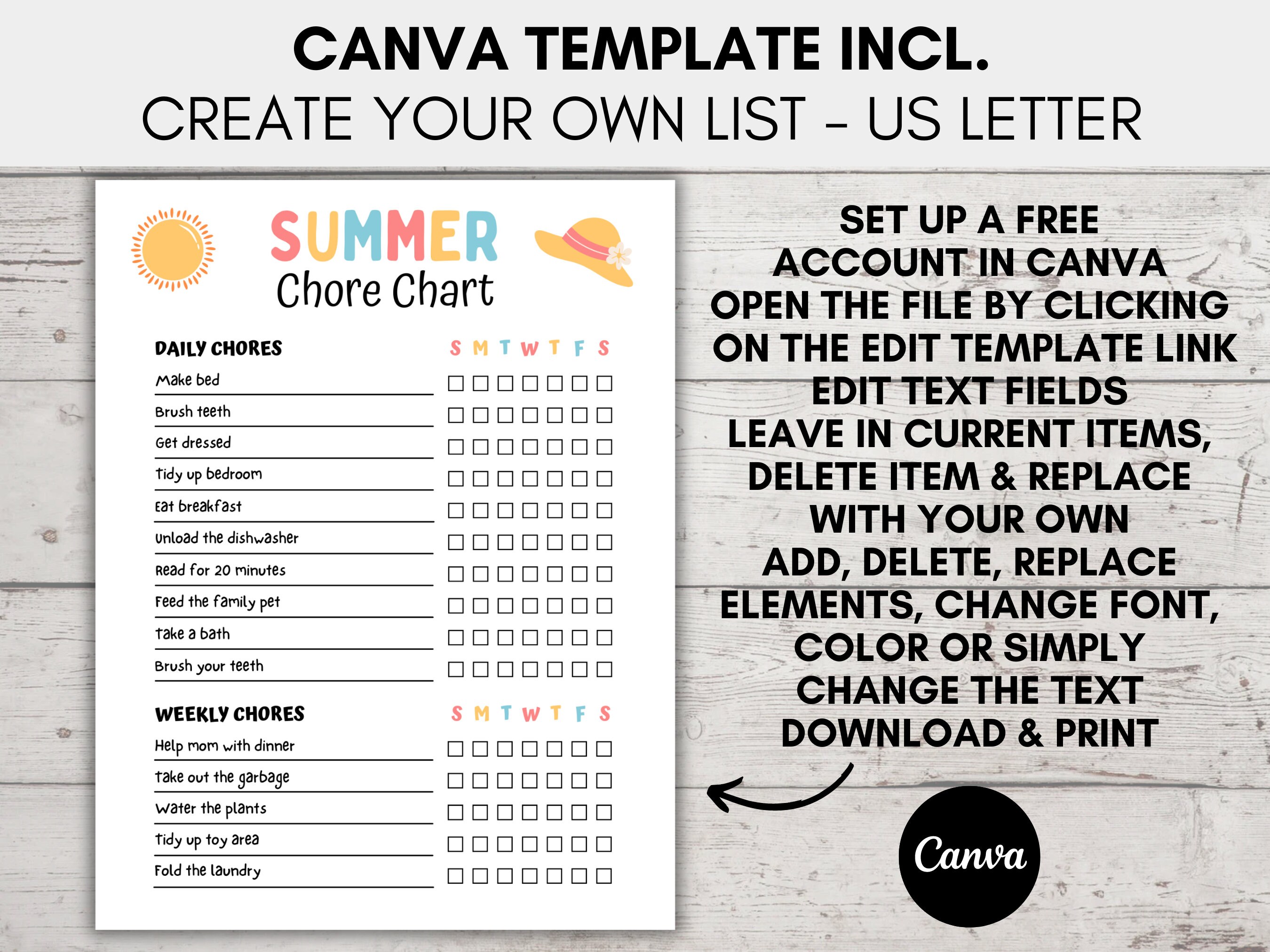 Summer Chore Chart for Kids, Editable Chore Chart, Chore Chart for Kids ...