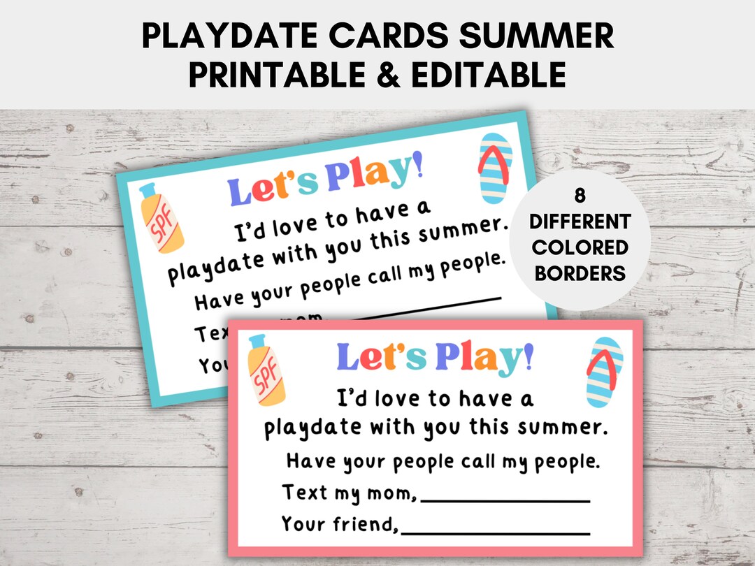 Playdate Cards, Printable Editable Playdate Cards for Kids, Play Date ...