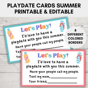 Playdate Cards, Printable Editable Playdate Cards for Kids, Play Date ...