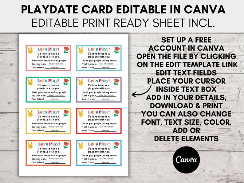 Playdate Cards, Printable & Editable Playdate Cards for Kids, Play Date ...