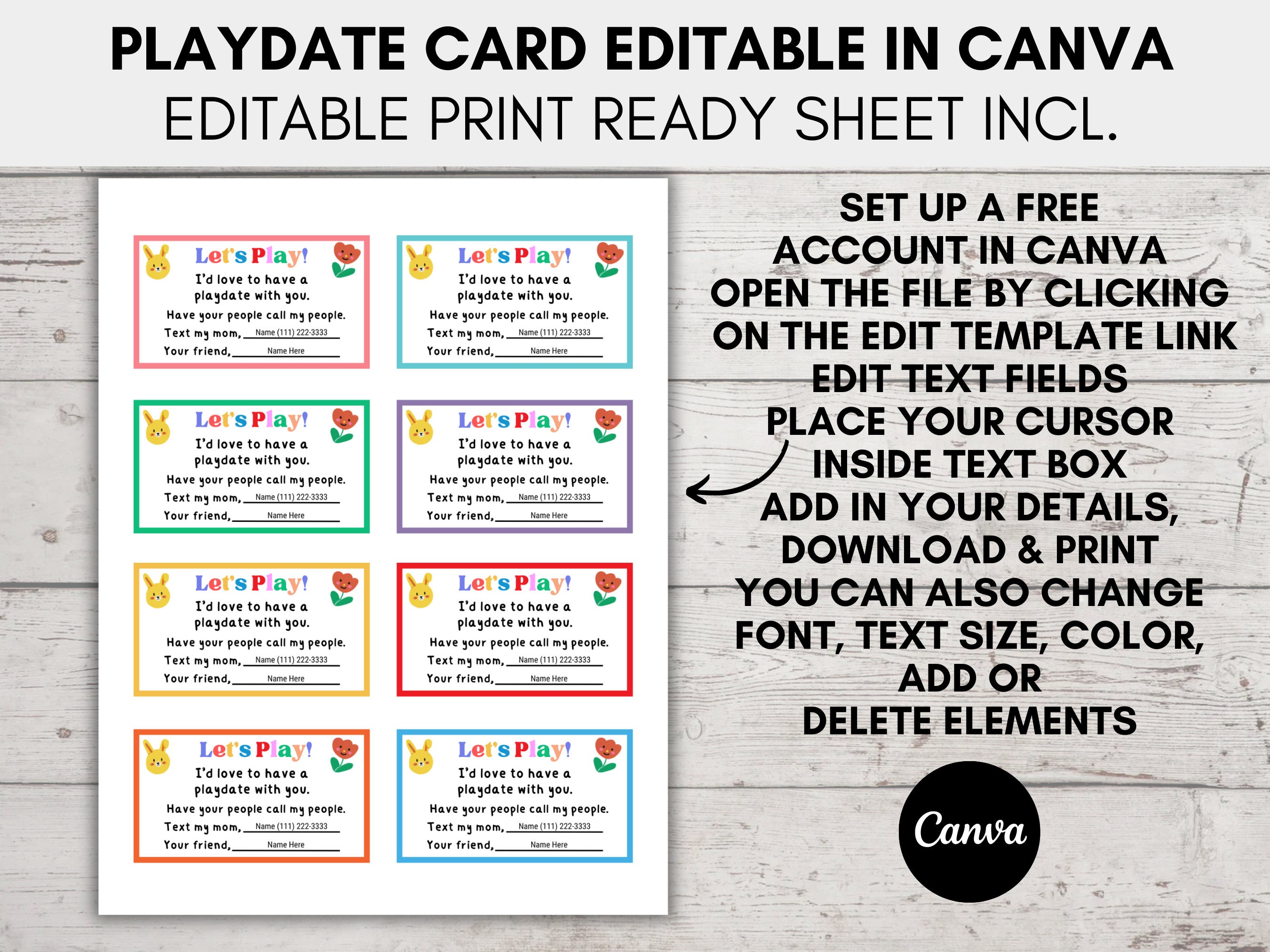 Playdate Cards, Printable & Editable Playdate Cards for Kids, Play Date ...