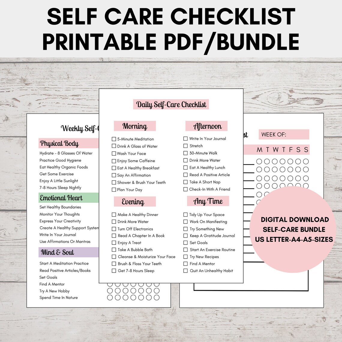 Self Care Checklist Printable BUNDLE, Self Care Planner, Habit Tracker ...