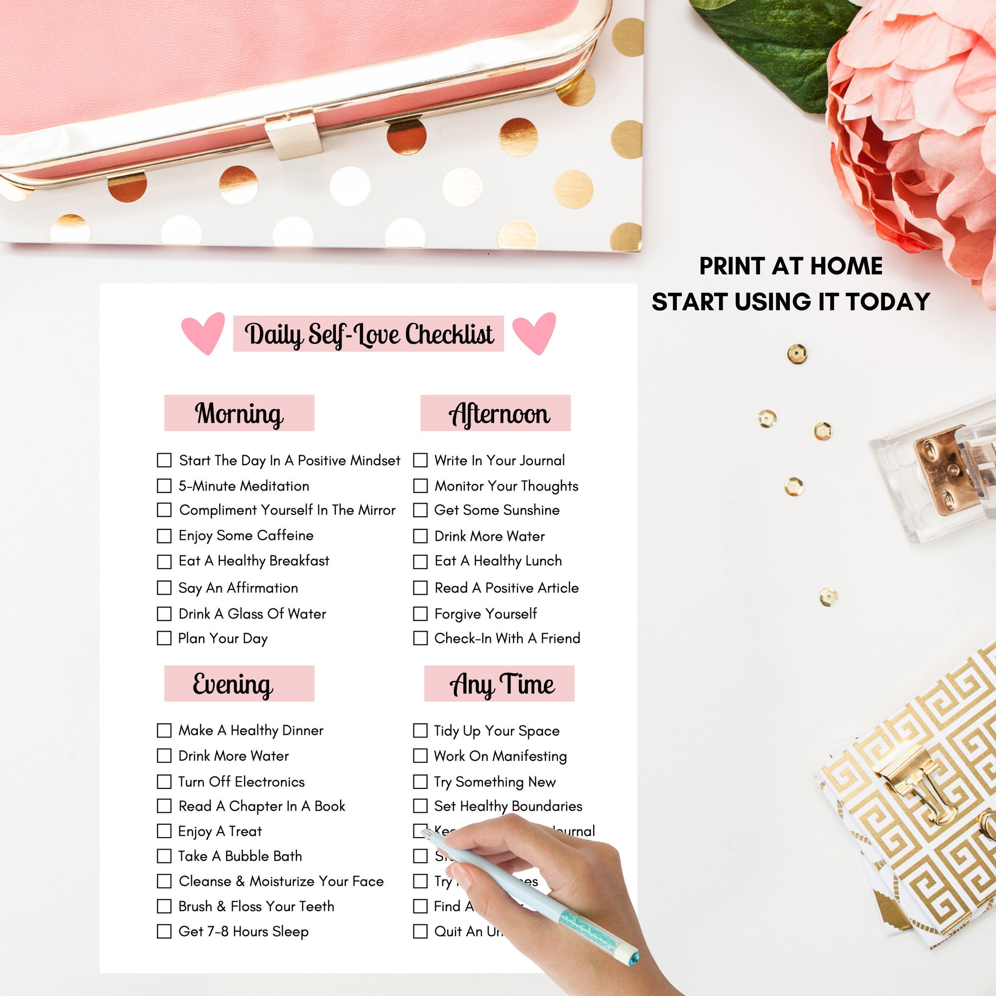 Self Love Checklist Printable PDF, Daily Routine Self Love, Daily Habit ...