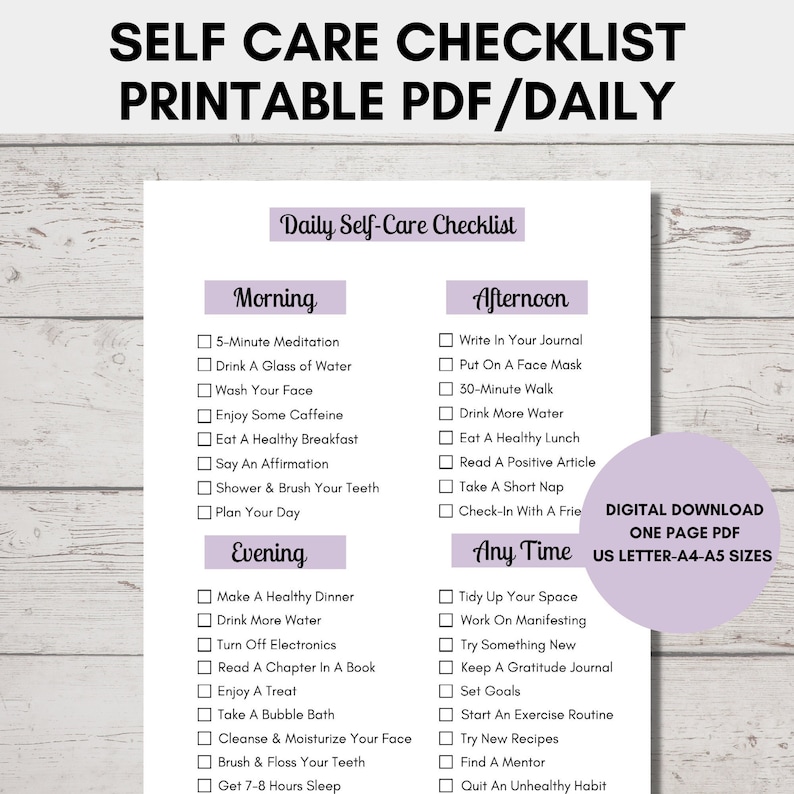 Self Care Checklist Printable, Self Care Planner, Daily Self Care Habit ...