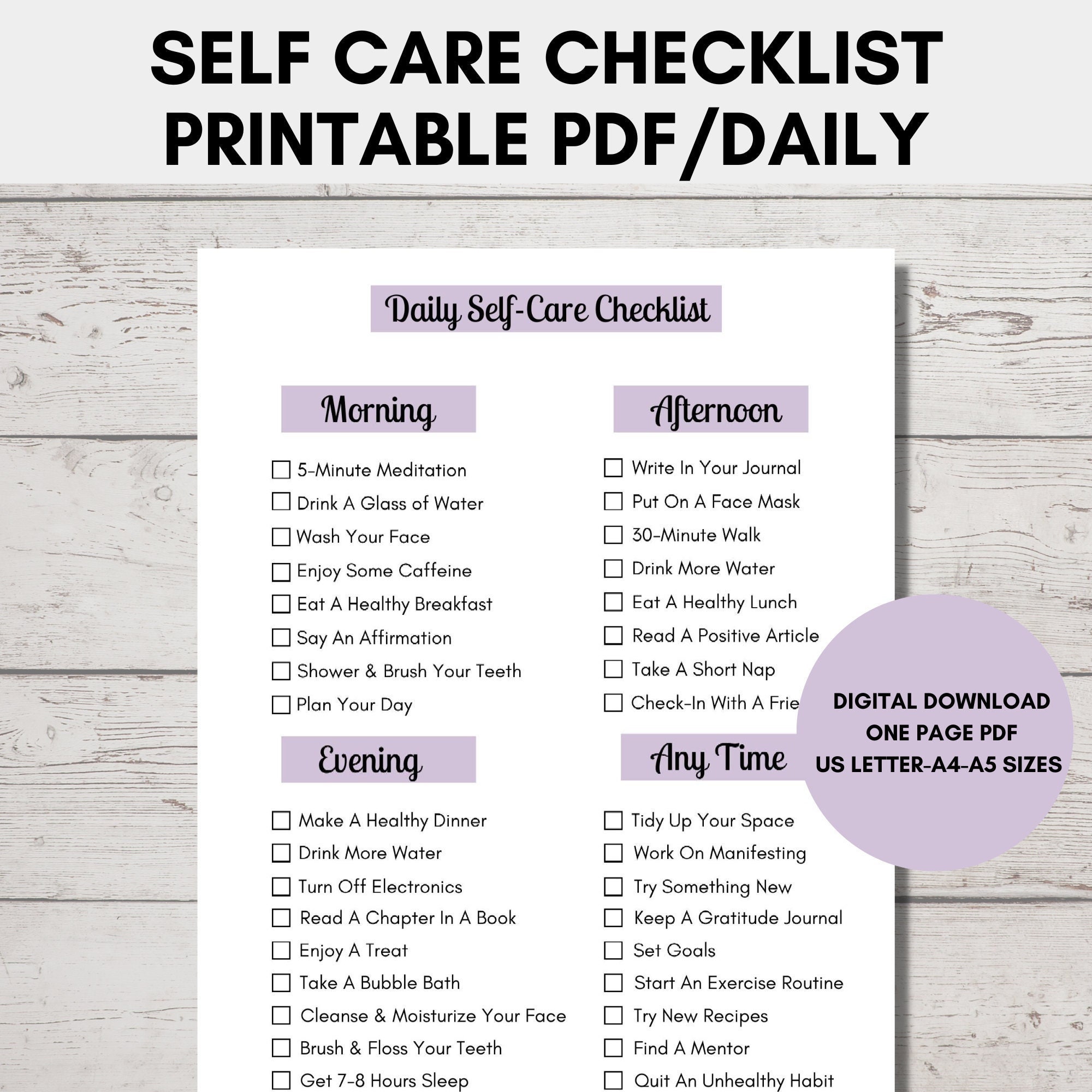Self Care Checklist Printable, Self Care Planner, Daily Self Care Habit ...