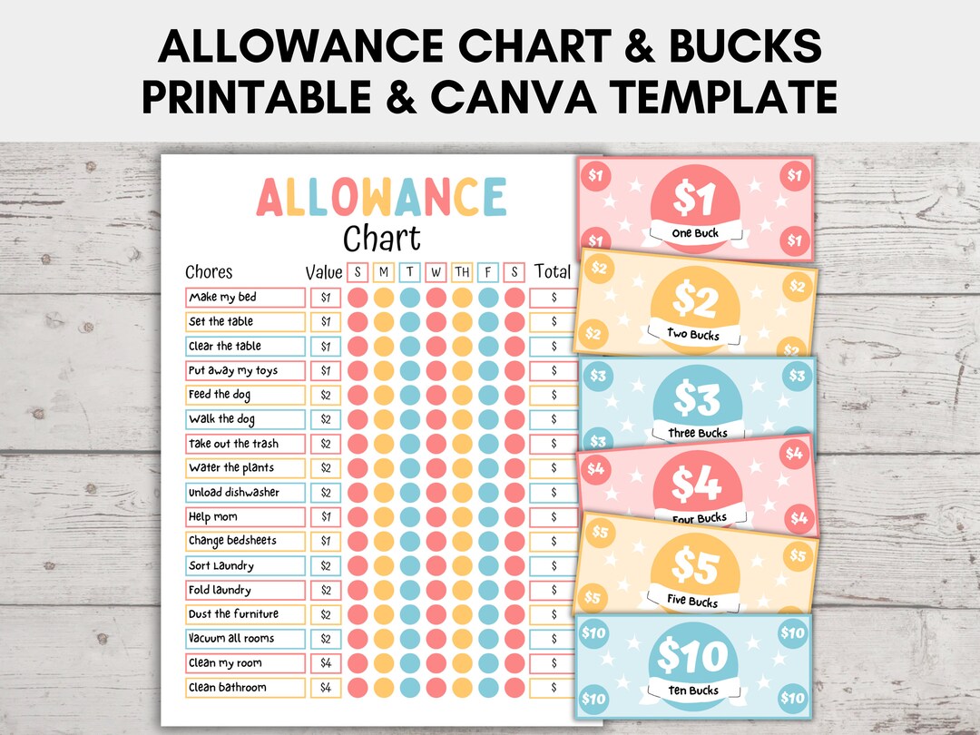 Allowance Chart for Kids, Reward Bucks Printable, Reward Chart ...