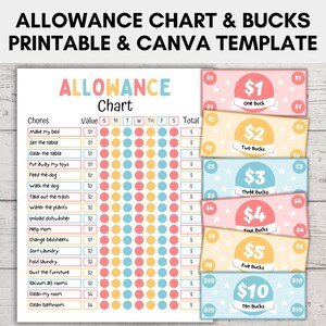 Allowance Chart for Kids, Reward Bucks Printable, Reward Chart ...