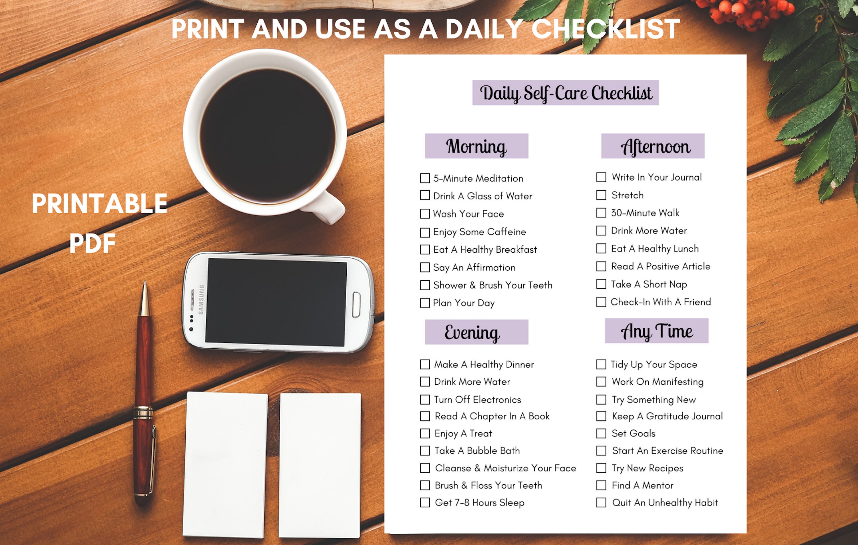 Daily Self Care Checklist, Day at A Glance, 1 Page Wellbeing Planner ...