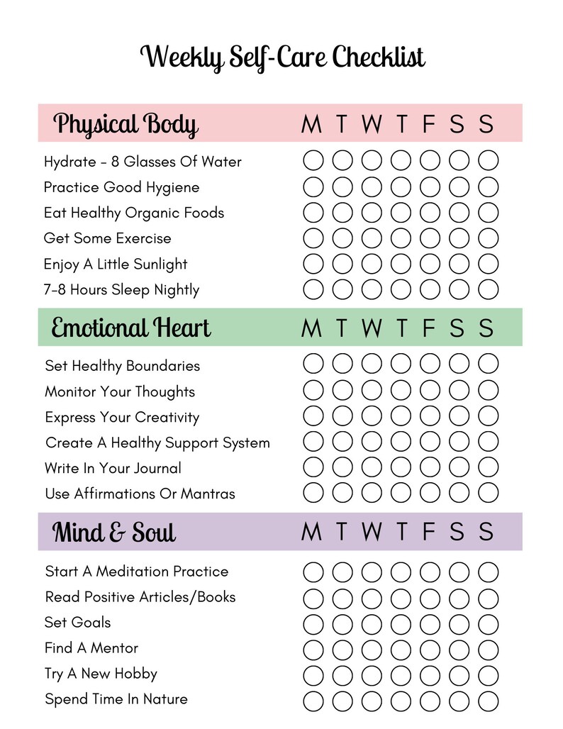 Self Care Checklist Printable Pdf-weekly Self Care | Etsy