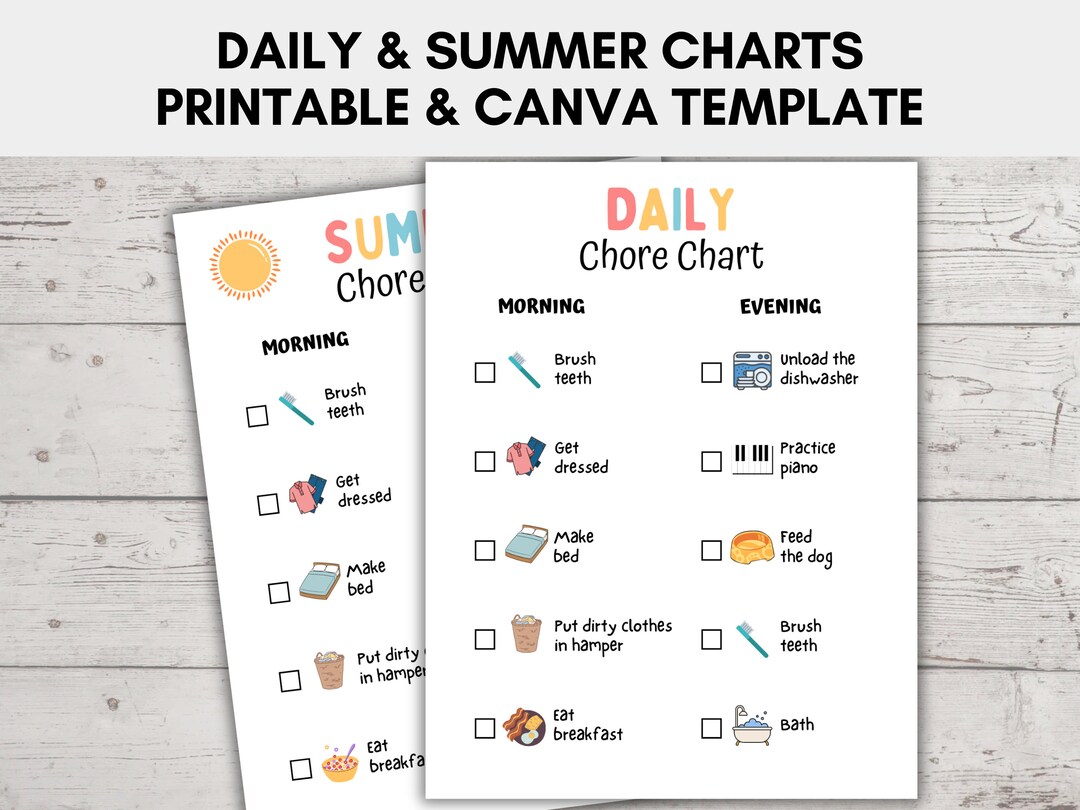 Daily Chore Chart for Kids, Summer Chore Chart Editable, Chore Chart ...