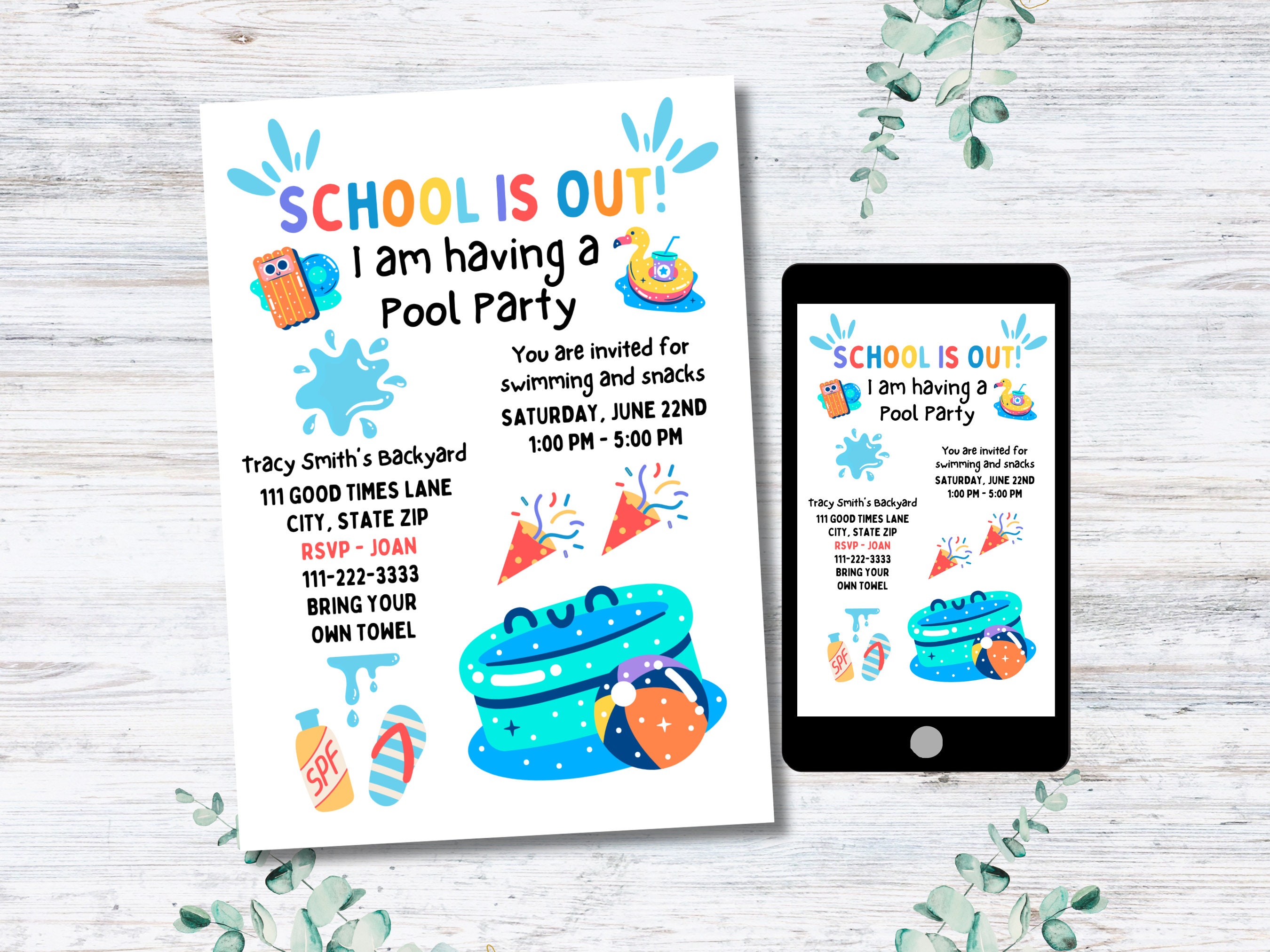 Pool Party Invitation, Editable Pool Party Invitation Template, Digital ...