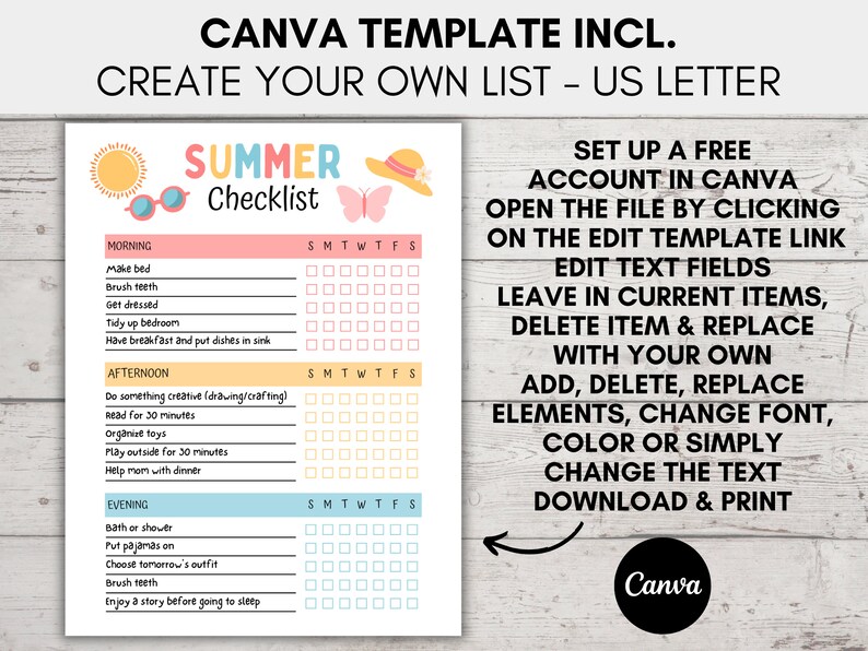 Summer Checklist for Kids Printable, Editable Summer Checklist for Kids ...