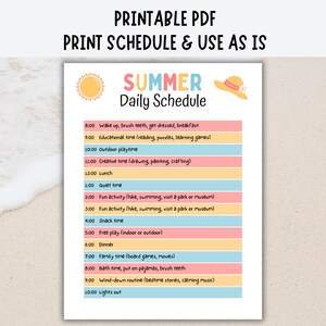 Summer Daily Schedule for Kids, Summer Schedule Printable Editable ...
