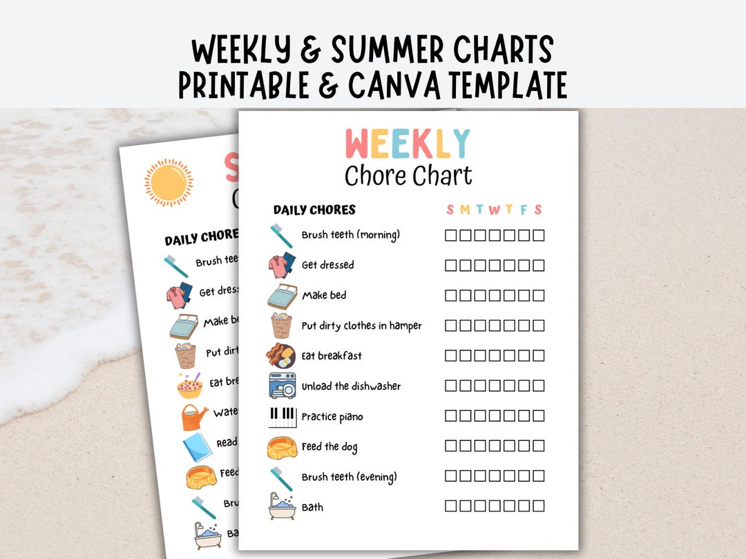 Chore Chart for Kids, Summer Chore Chart Editable, Weekly Chore Chart ...