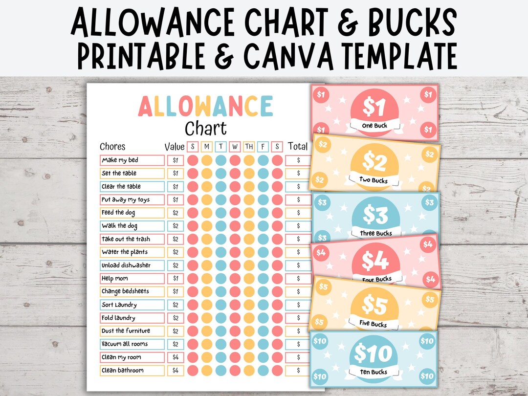 Allowance Chart for Kids, Reward Bucks Printable, Reward Chart ...