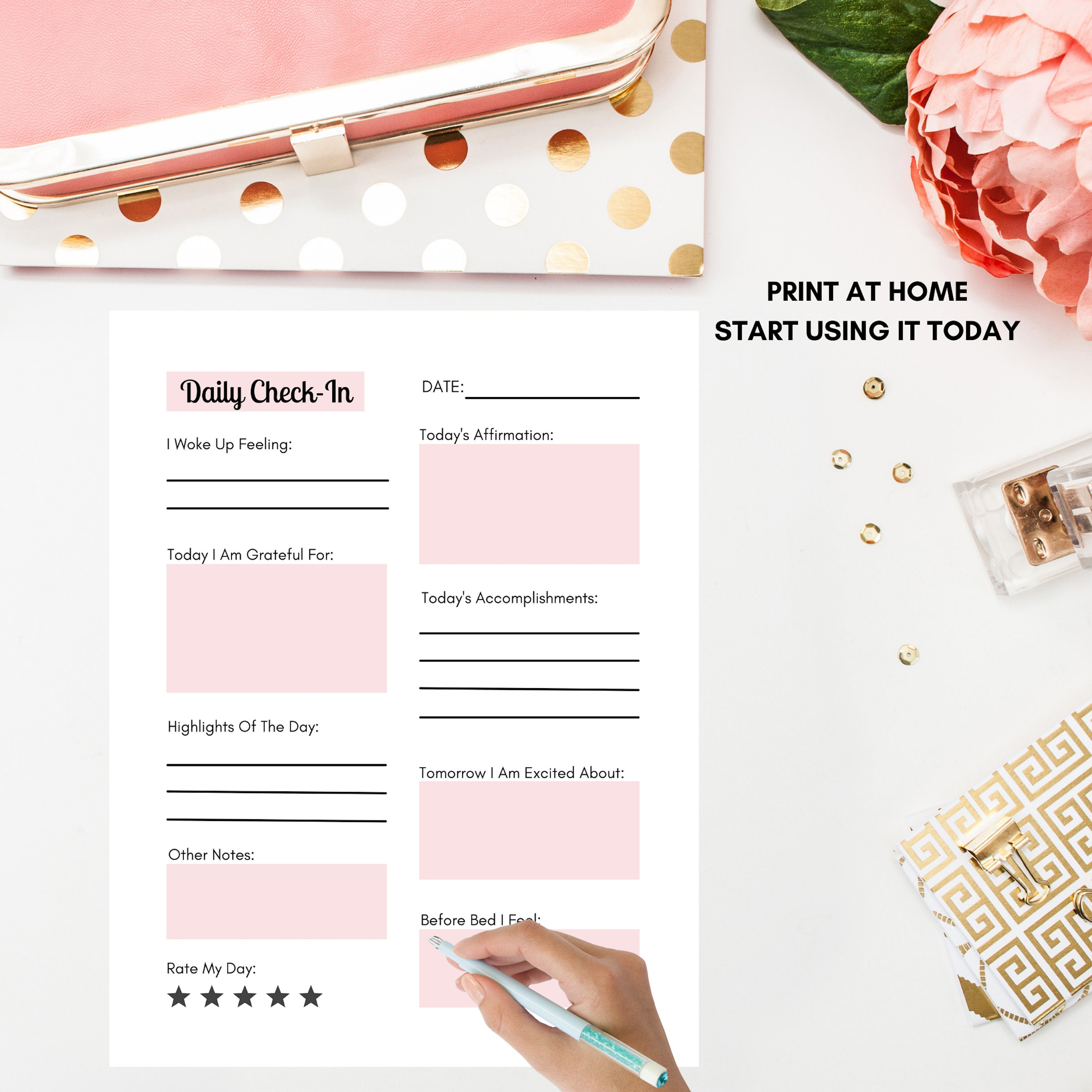 Daily Check-in Journal Printable PDF, Self Care Daily Check in Journal ...