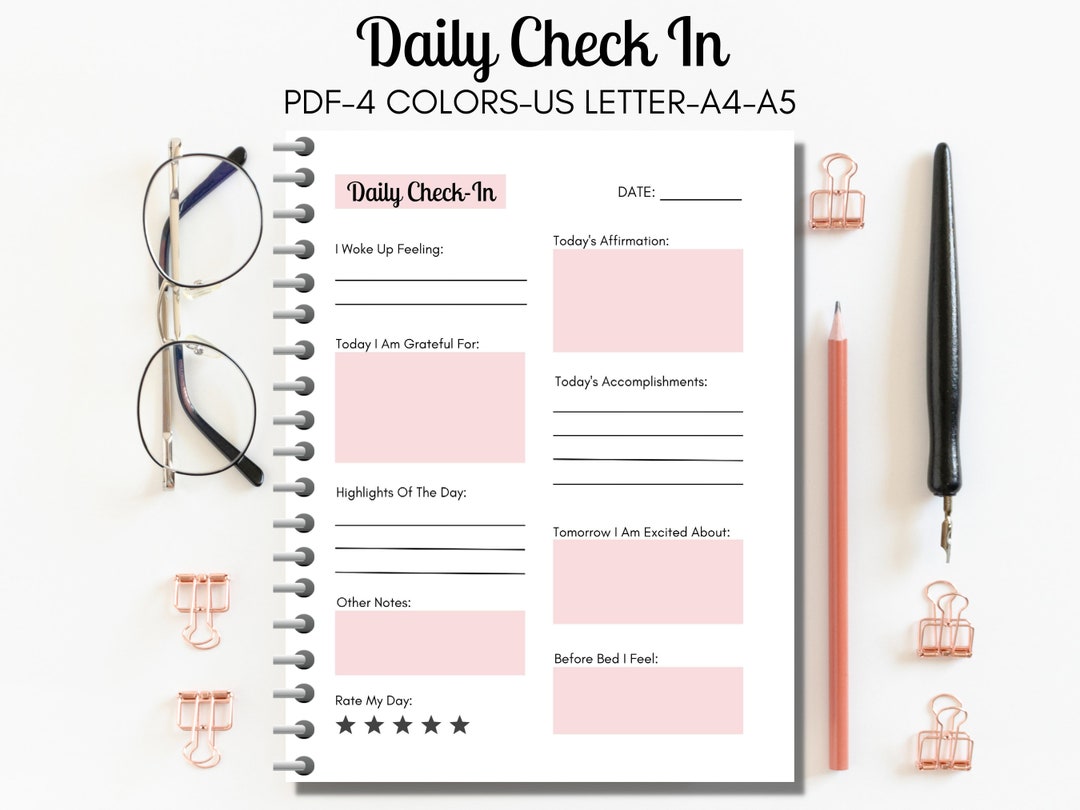Daily Check-in Journal Printable PDF, Self Care Daily Check in Journal ...